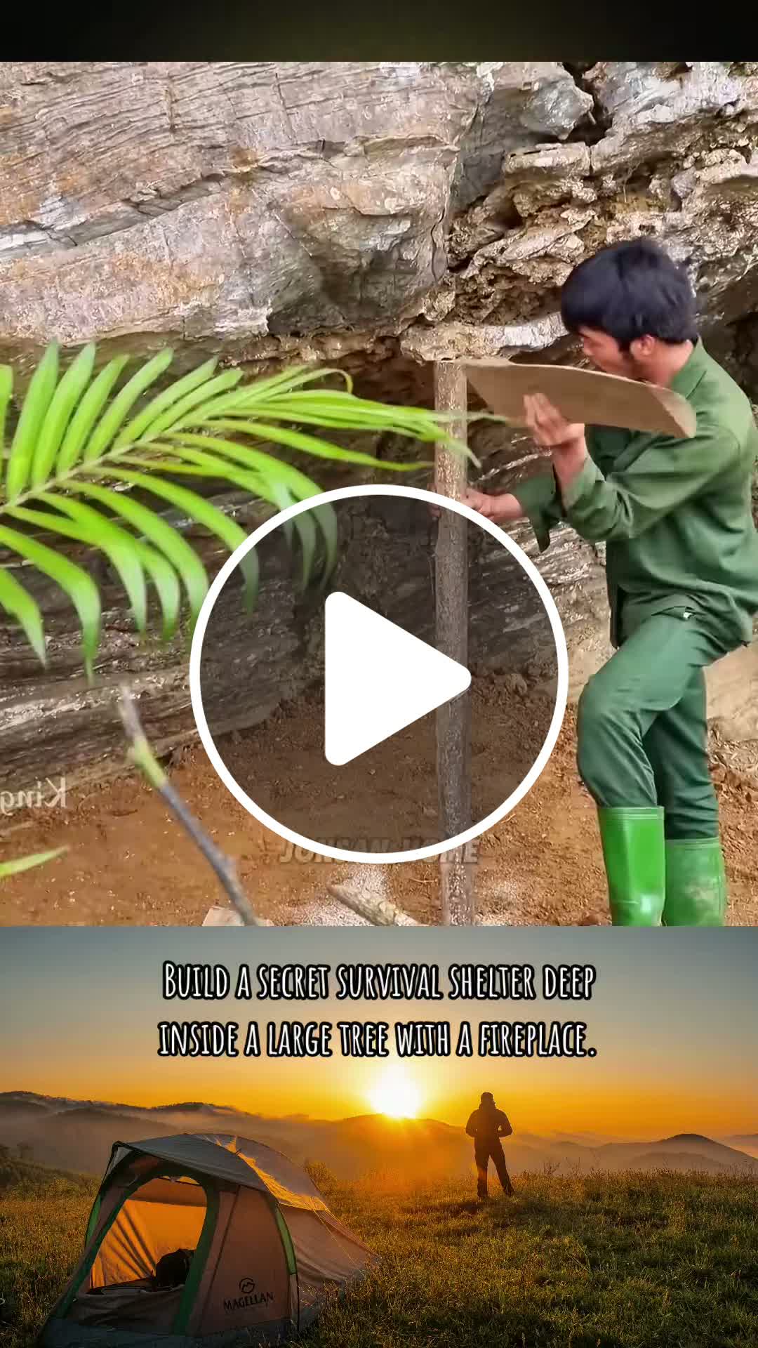 Build a secret survival shelter deep inside a large tree with a fireplace. #camping #bushcraft # ...