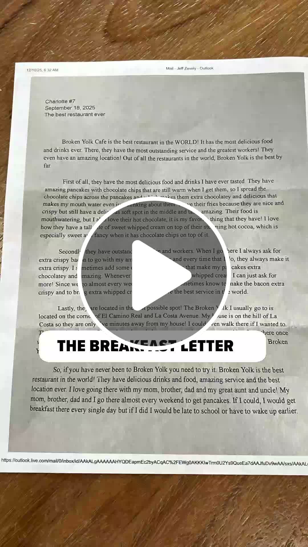 10-year-old girl writes letter of praise to her favorite breakfast spot ...