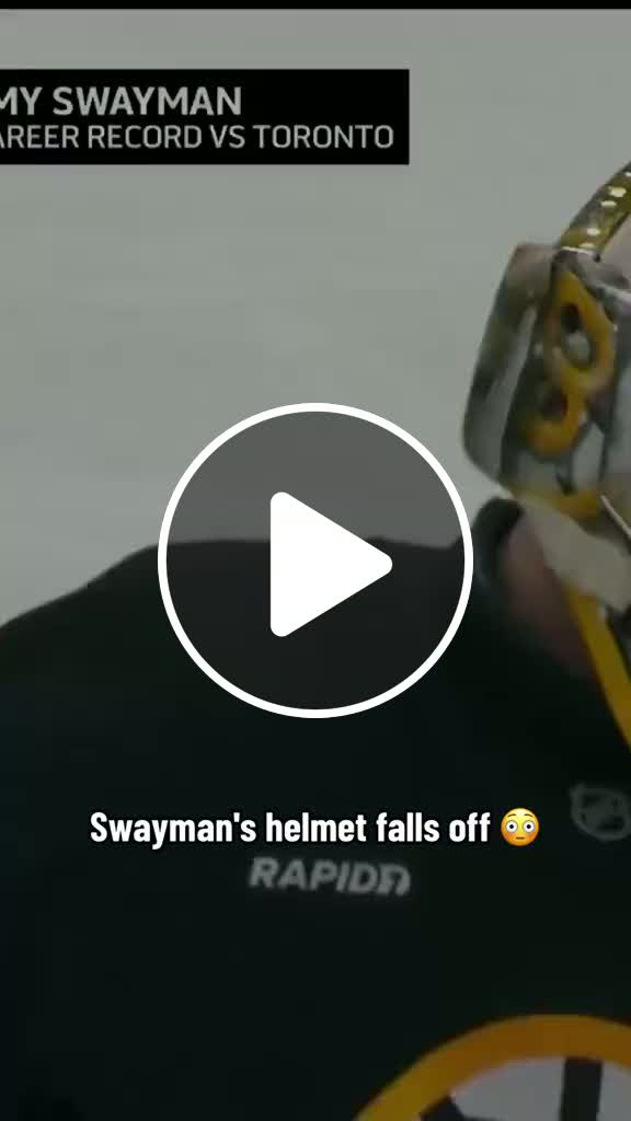Jeremy Swayman’s reaction after having his helmet knocked off just before a Philippe Myers ...