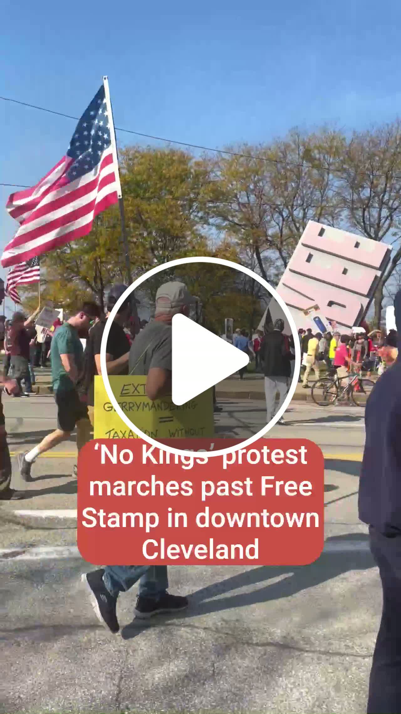 ‘No Kings’ protest marches past Free Stamp in downtown Cleveland ...